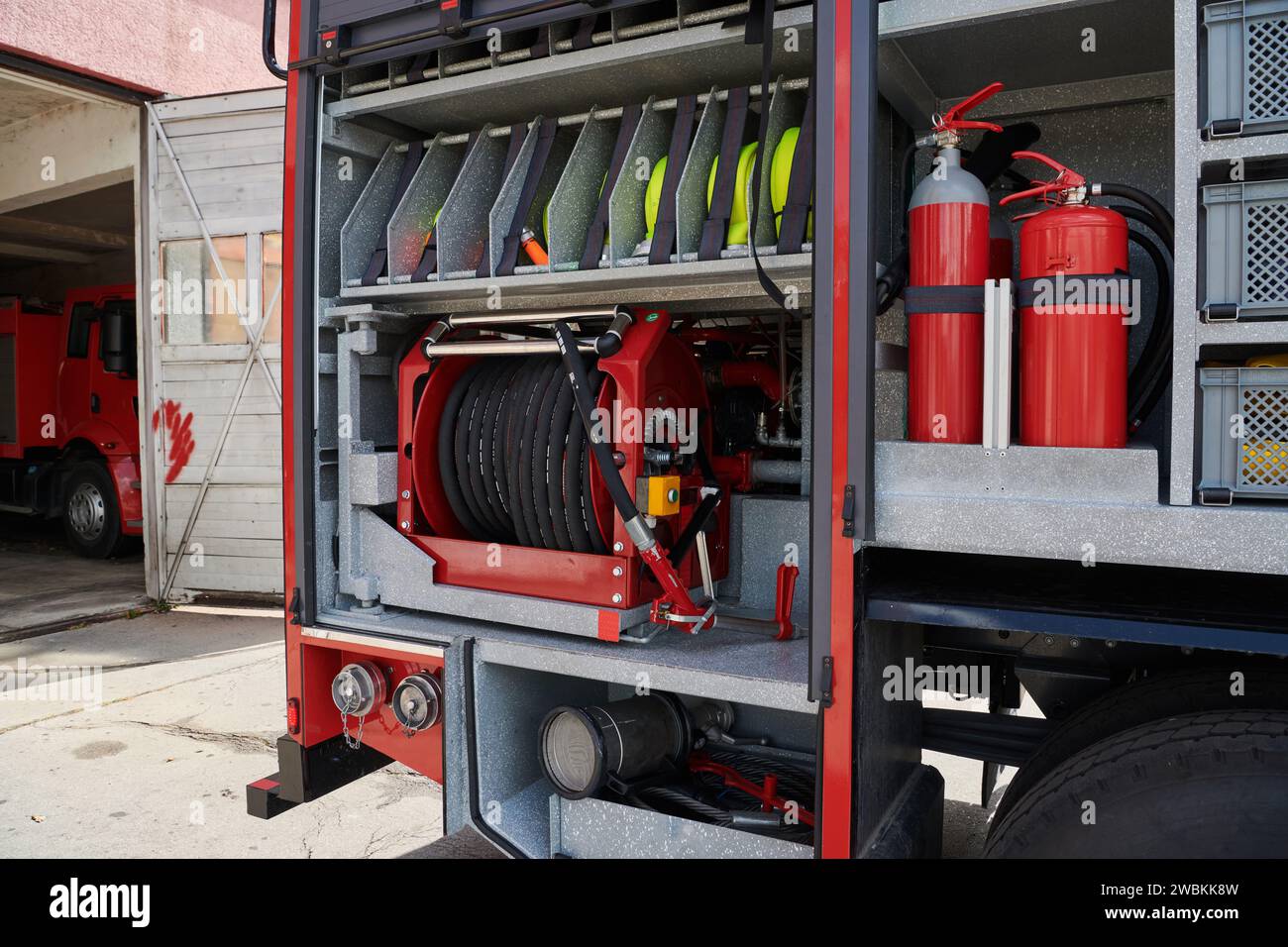 Close-up of essential firefighting equipment on a modern firetruck ...