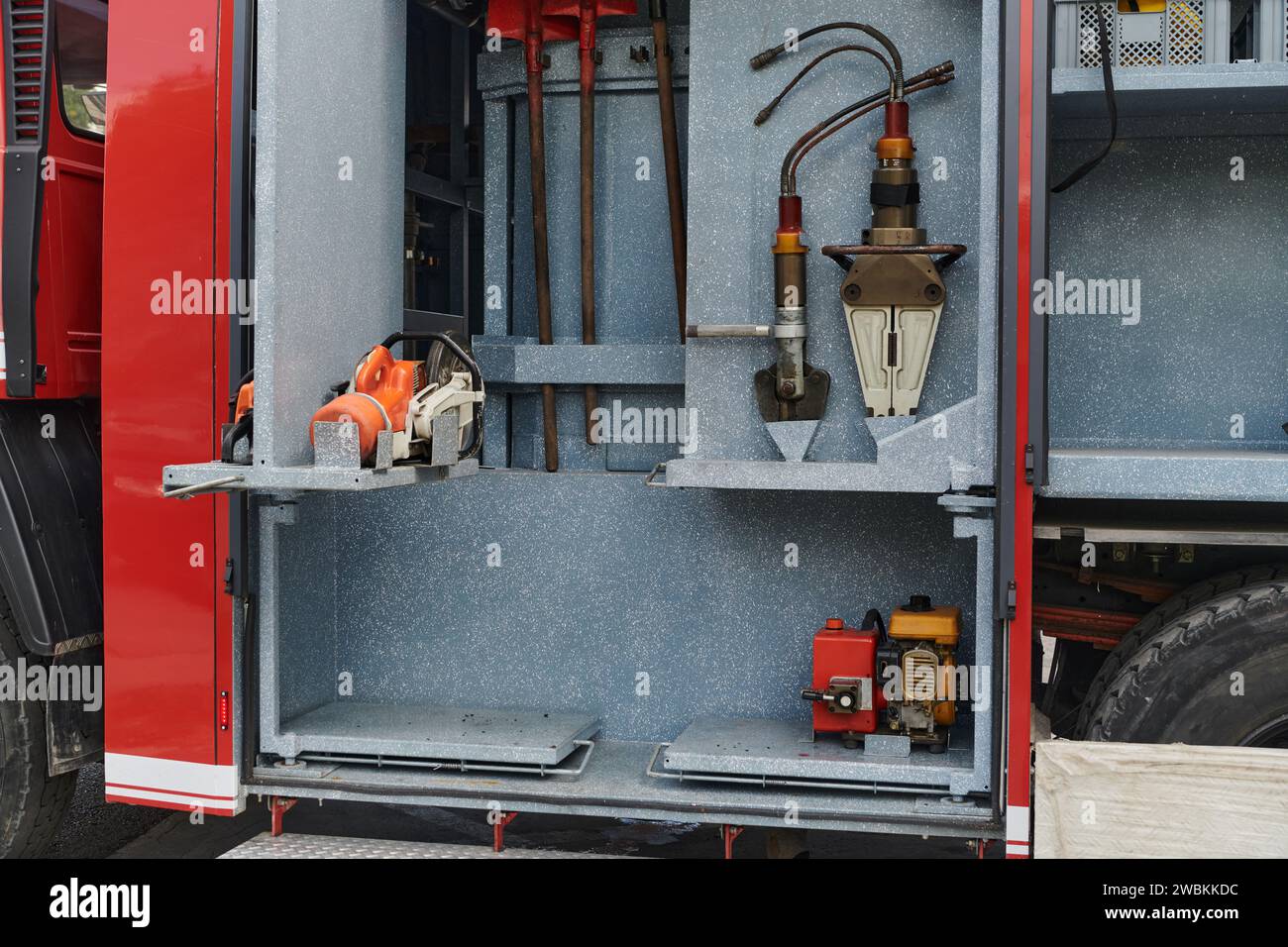 Close-up of essential firefighting equipment on a modern firetruck ...