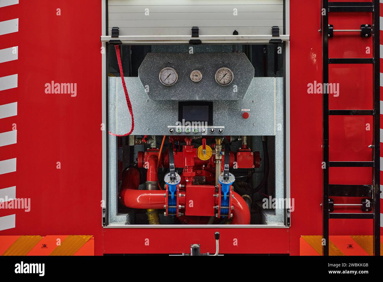 Close-up of essential firefighting equipment on a modern firetruck ...