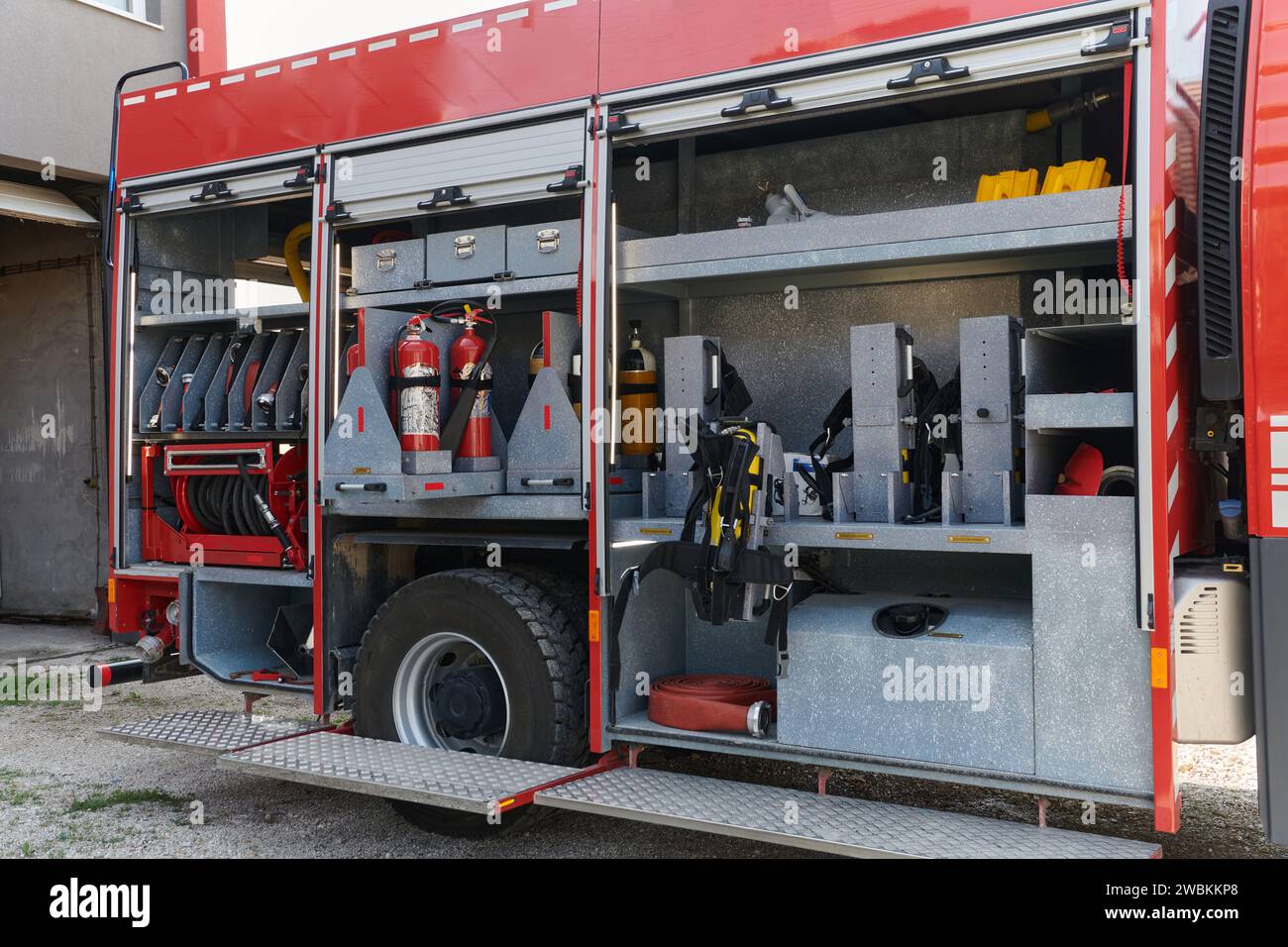 Close-up of essential firefighting equipment on a modern firetruck ...