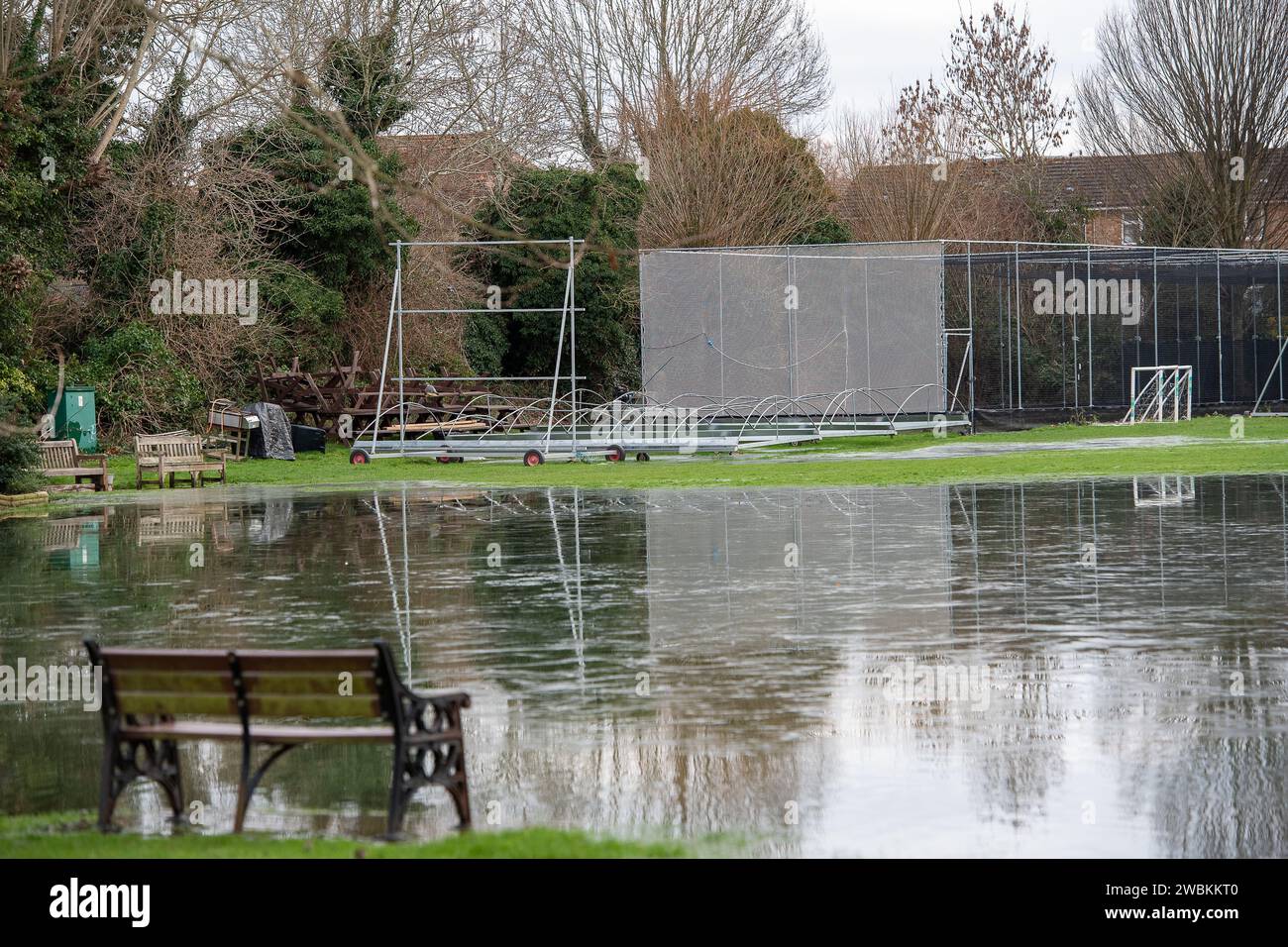 Wraysbury, UK. 11th January, 2024. The flooded cricket pitch and ...