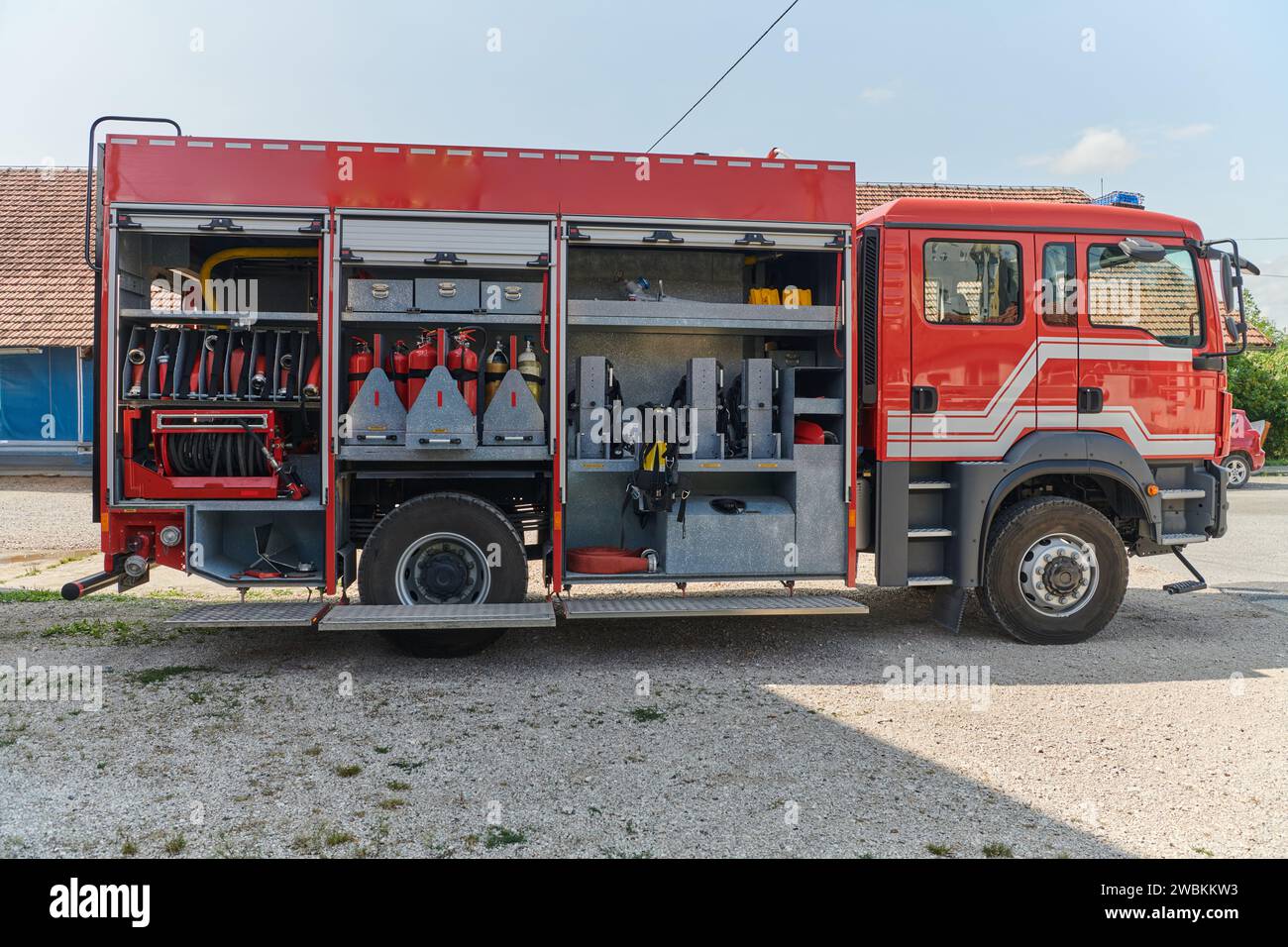 Close-up of essential firefighting equipment on a modern firetruck ...