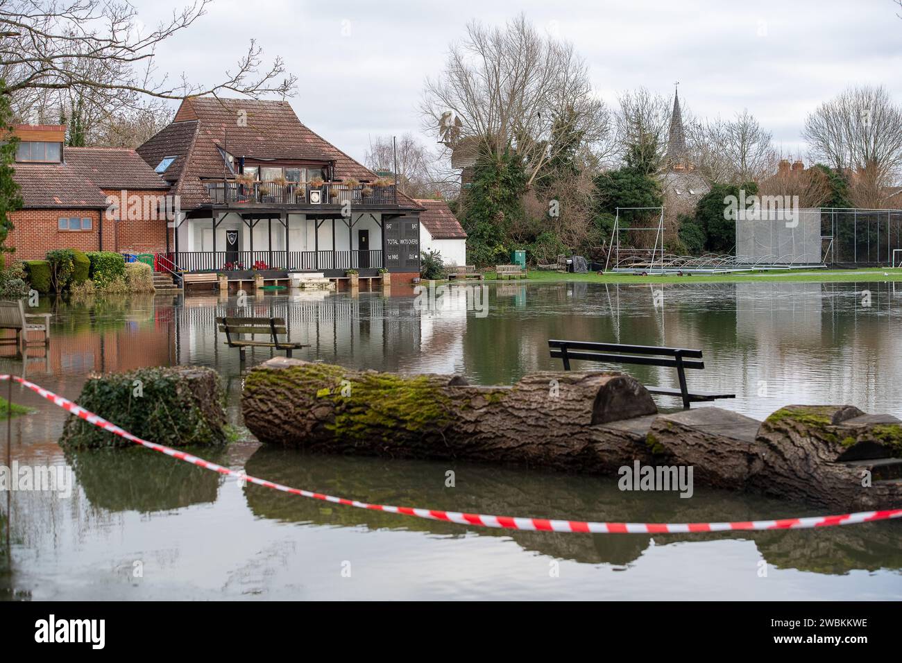 Wraysbury, UK. 11th January, 2024. The flooded cricket pitch and ...