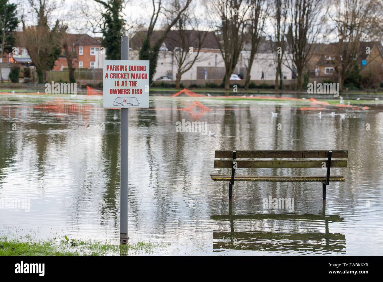 Wraysbury, UK. 11th January, 2024. The flooded cricket pitch and ...
