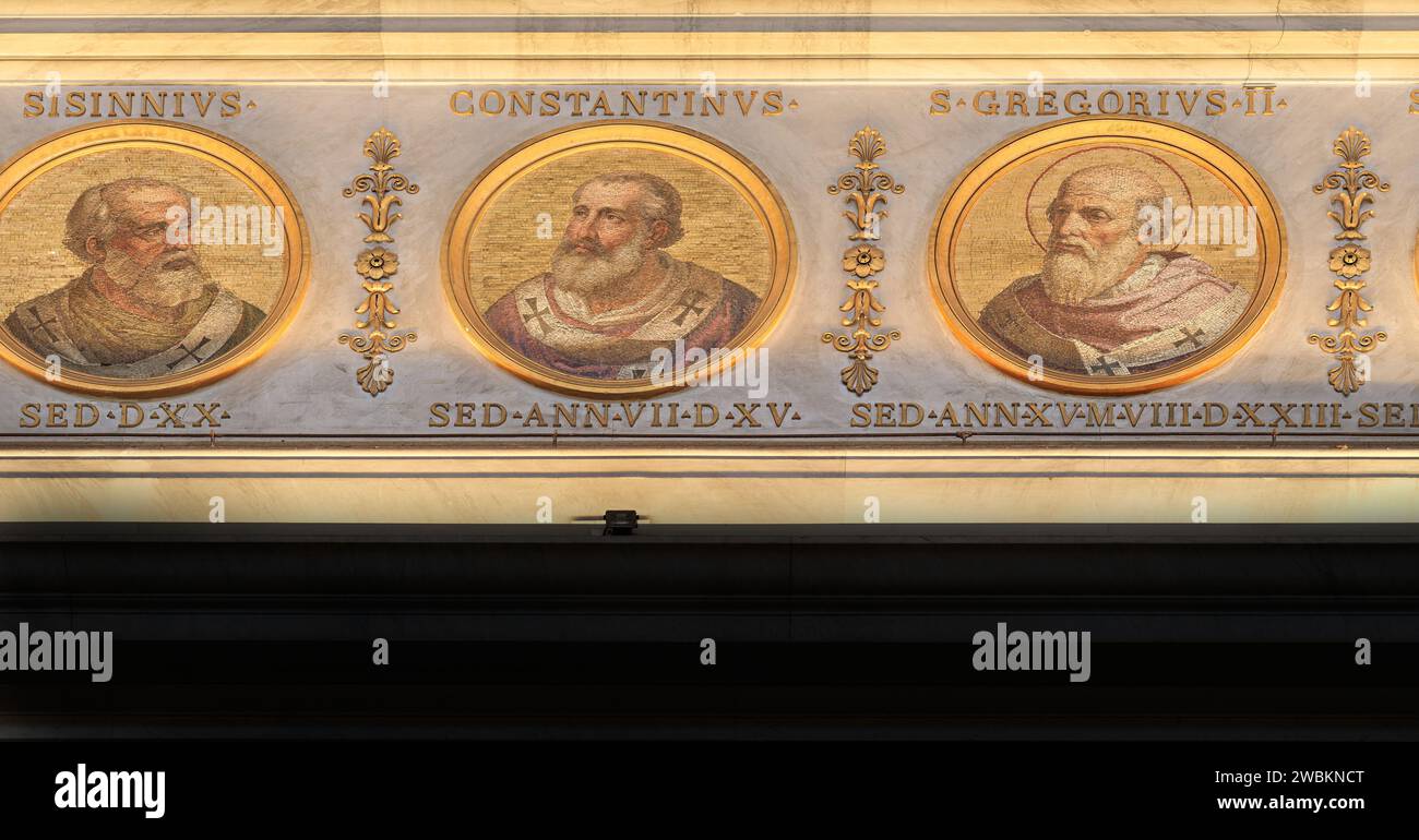 Mosaic portrait of Popes Sisinnius, Constantine and St Gregory II, on a ...