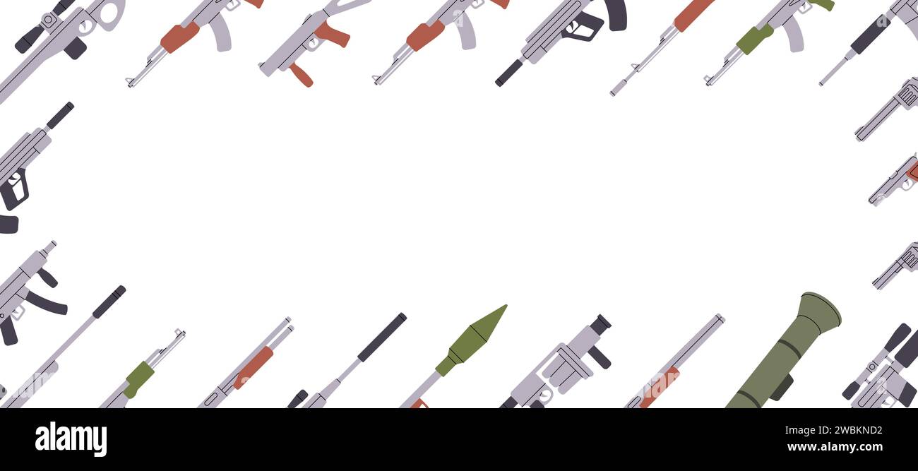 Military weapons in horizontal banner. Grenade launcher, assault rifle ...