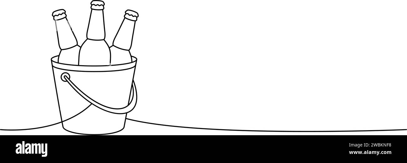 Beer bottles in a ice bucket one line continuous drawing. Beer pub ...