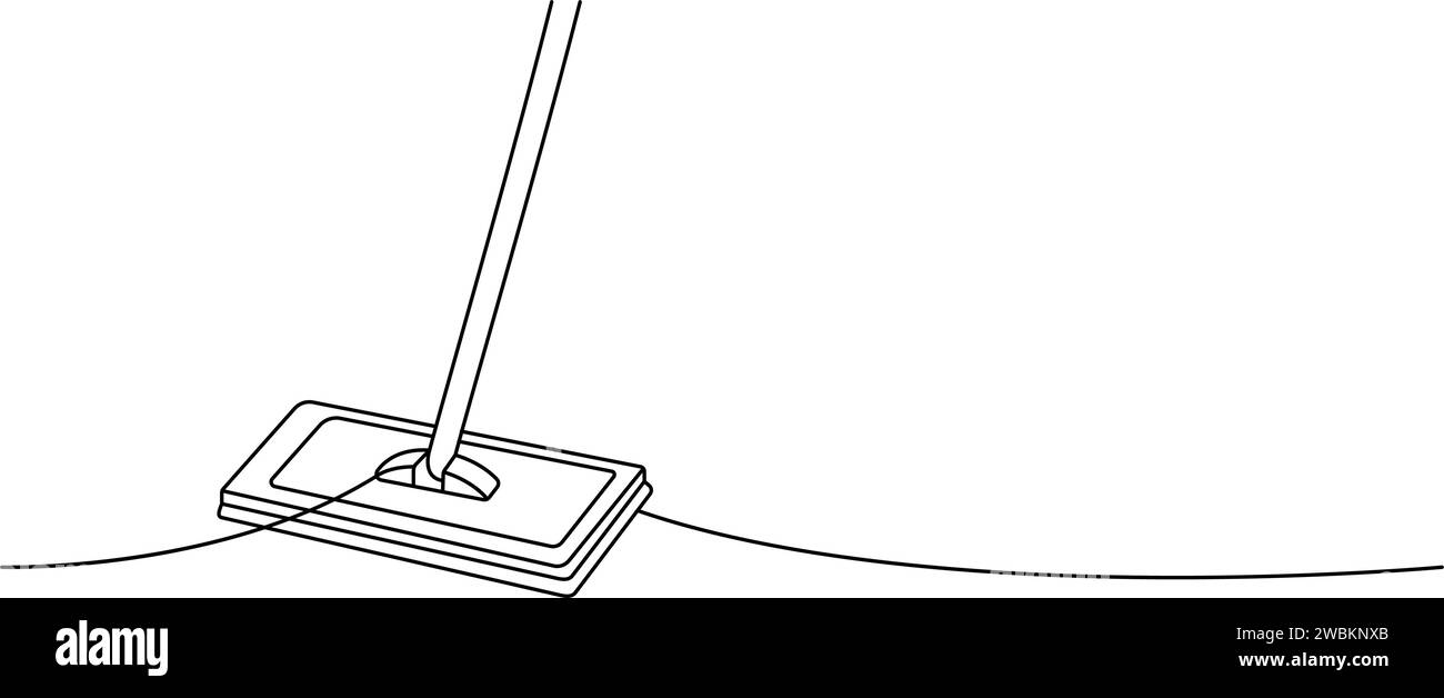 Floor cleaning mop one line continuous drawing. Cleaning service tools ...