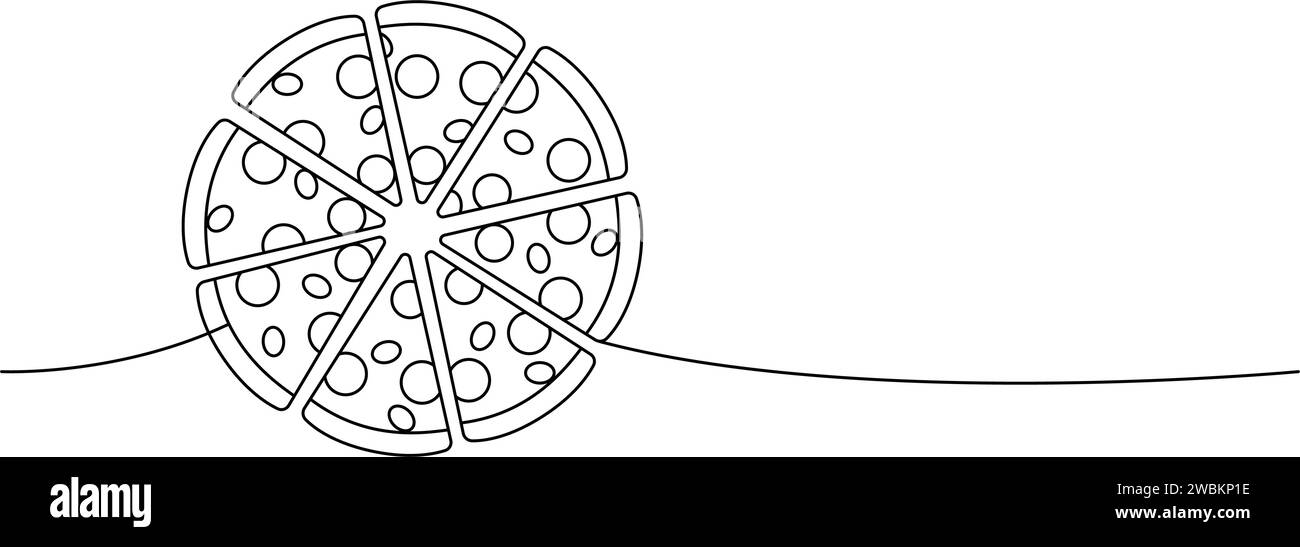 Whole pizza with ingredients one line continuous drawing. Traditional ...
