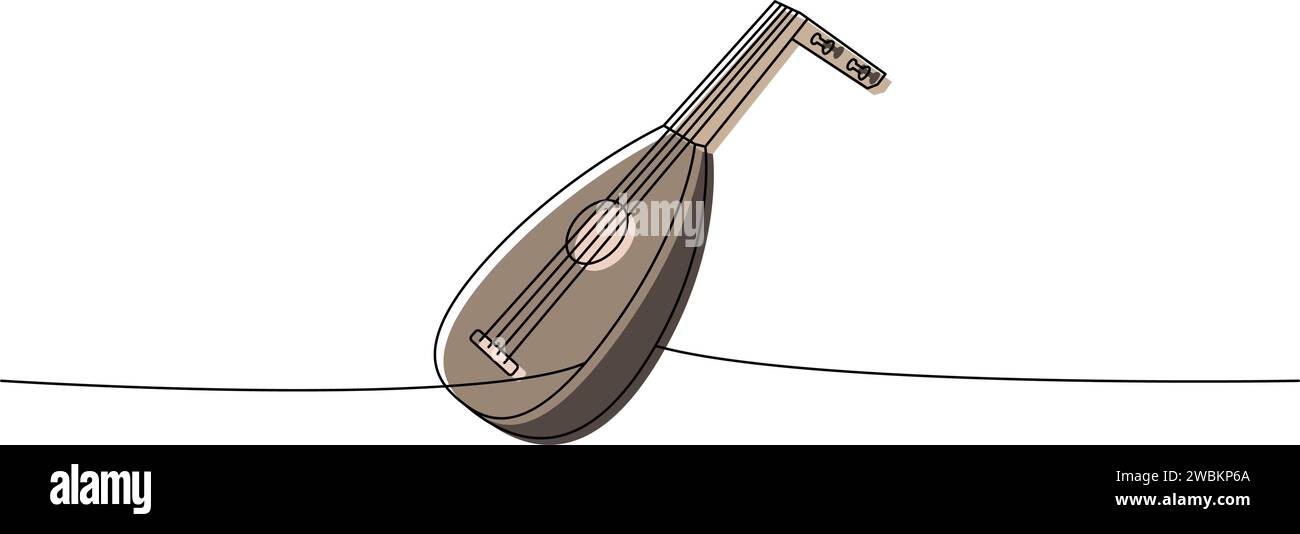 Lute String Instrument One Line Colored Continuous Drawing Musical
