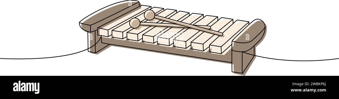 Wooden xylophone one line colored continuous drawing. Musical ...