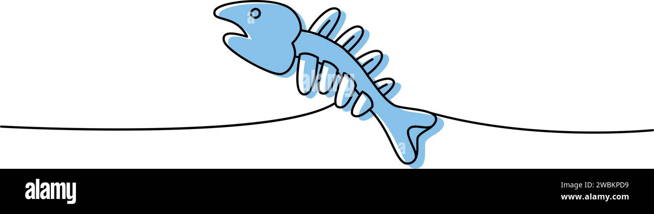 Fish bone skeleton one line colored continuous drawing. Animals ...