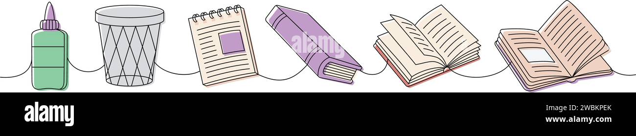 School supplies. Back to school one line colored continuous drawing ...
