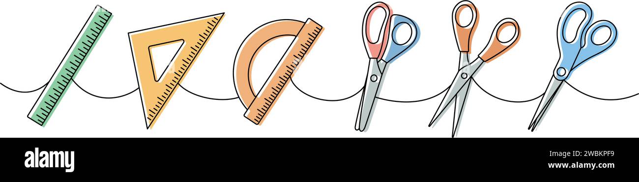 Set of school supplies. Back to school one line colored continuous ...