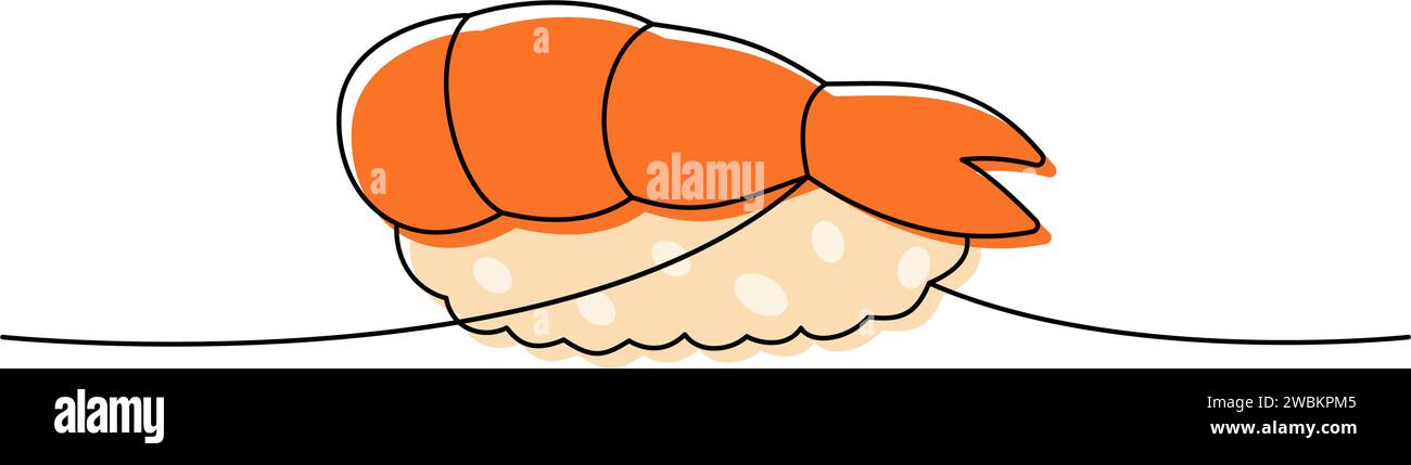 Shrimp nigiri, ebi sushi one line colored continuous drawing. Japanese ...