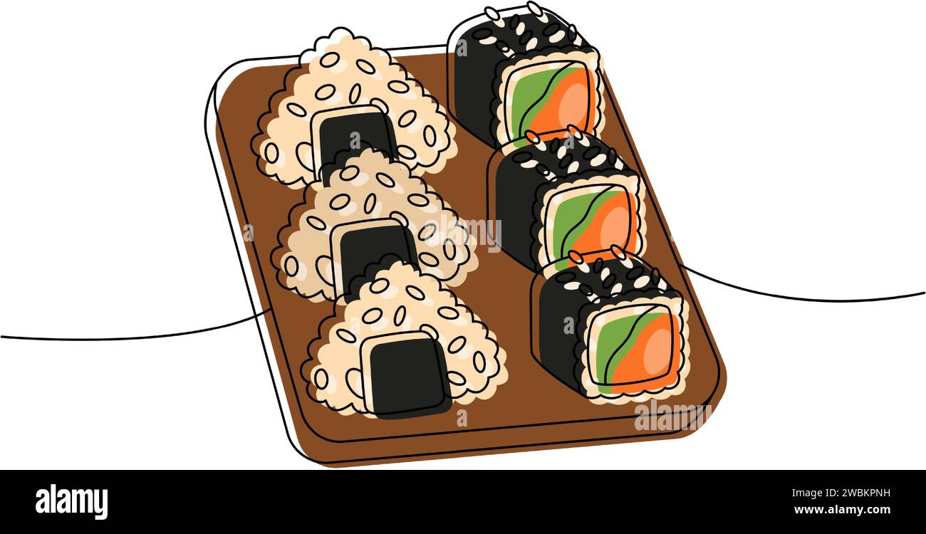 Asian food sushi, sushi dish one line colored continuous drawing ...