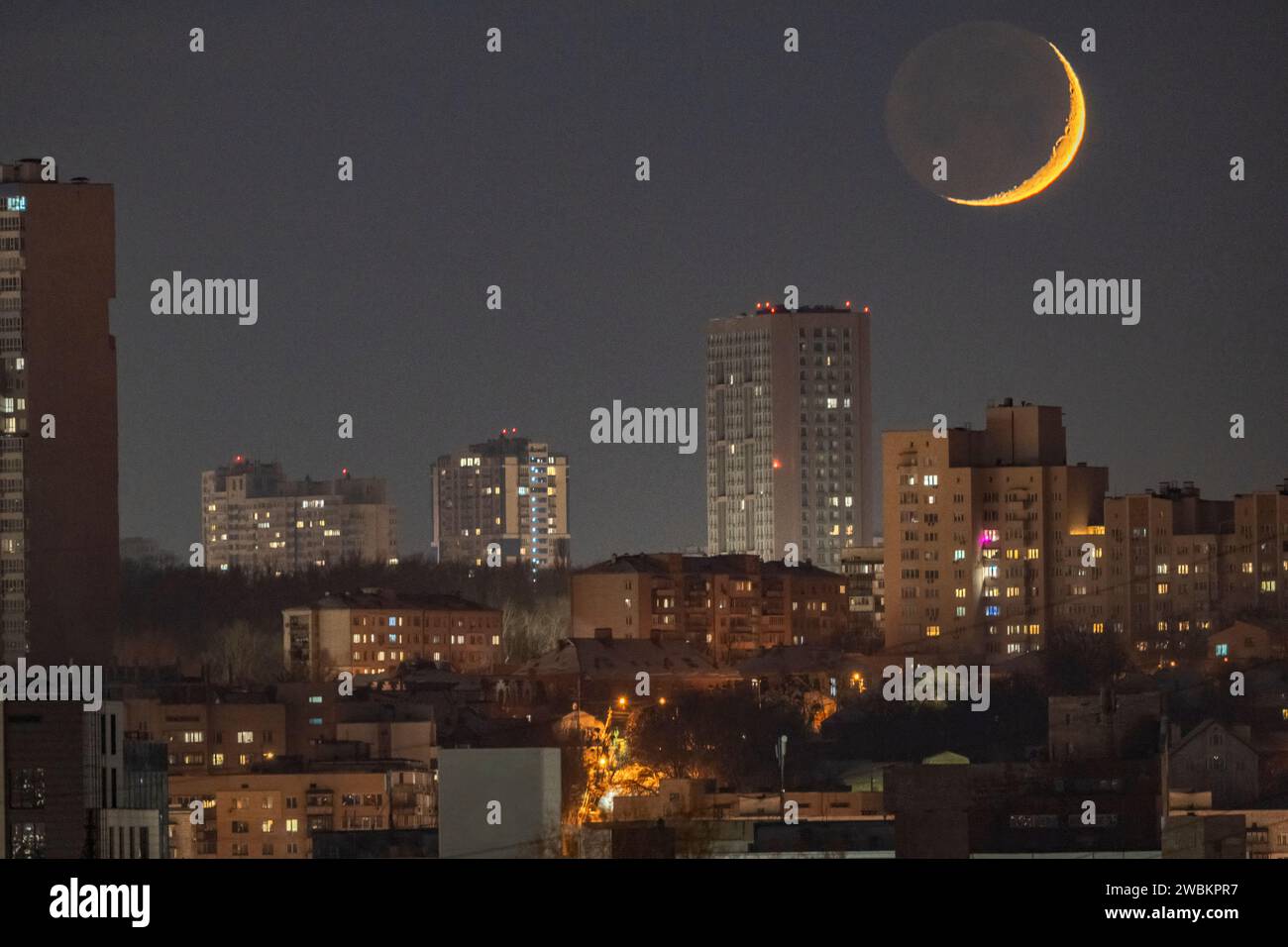 Night city skyline and setting moon, Kyiv, Ukraine Stock Photo - Alamy