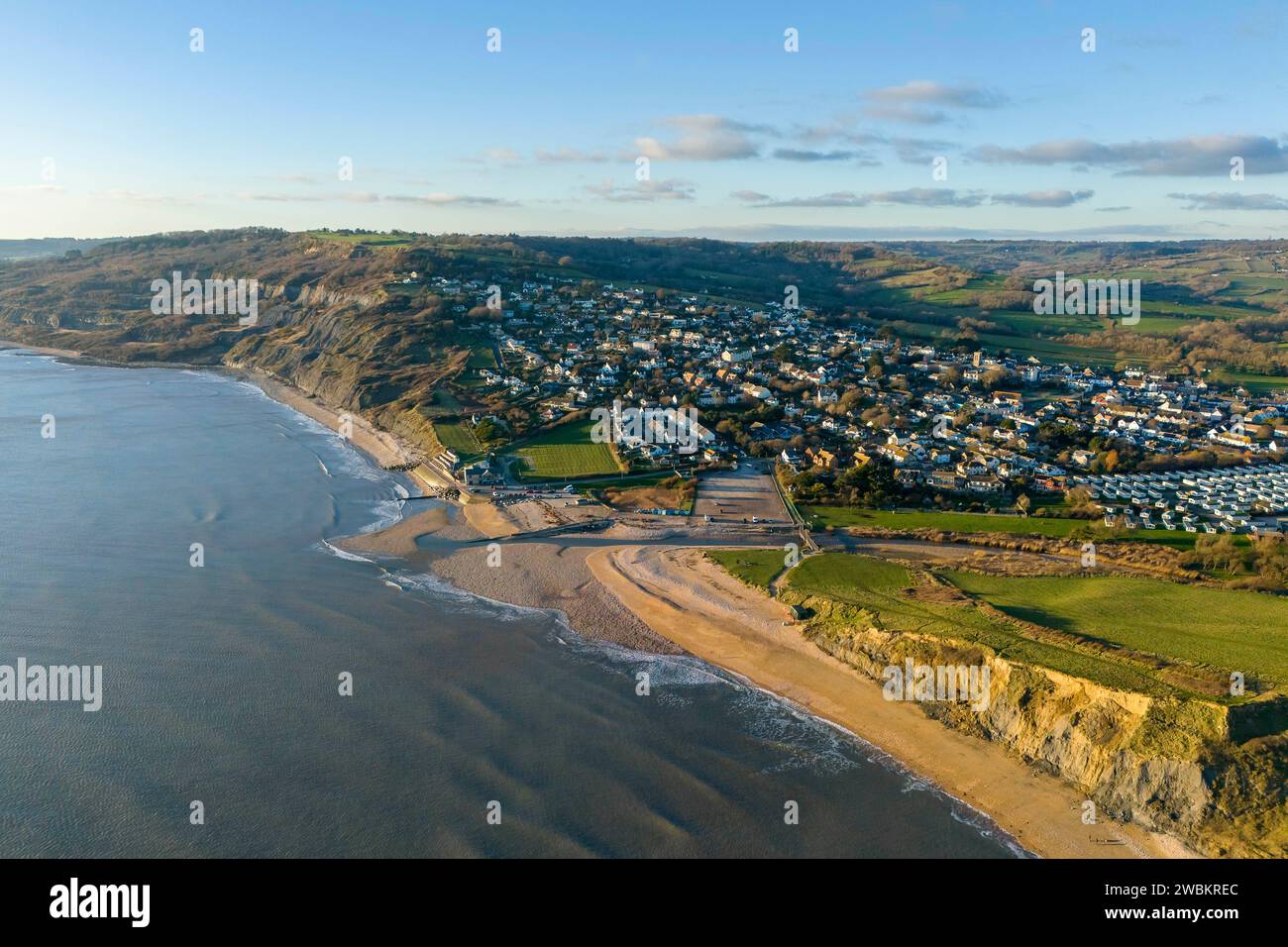 Charmouth, Dorset, UK. 11th January 2024. UK Weather. Aerial view of ...