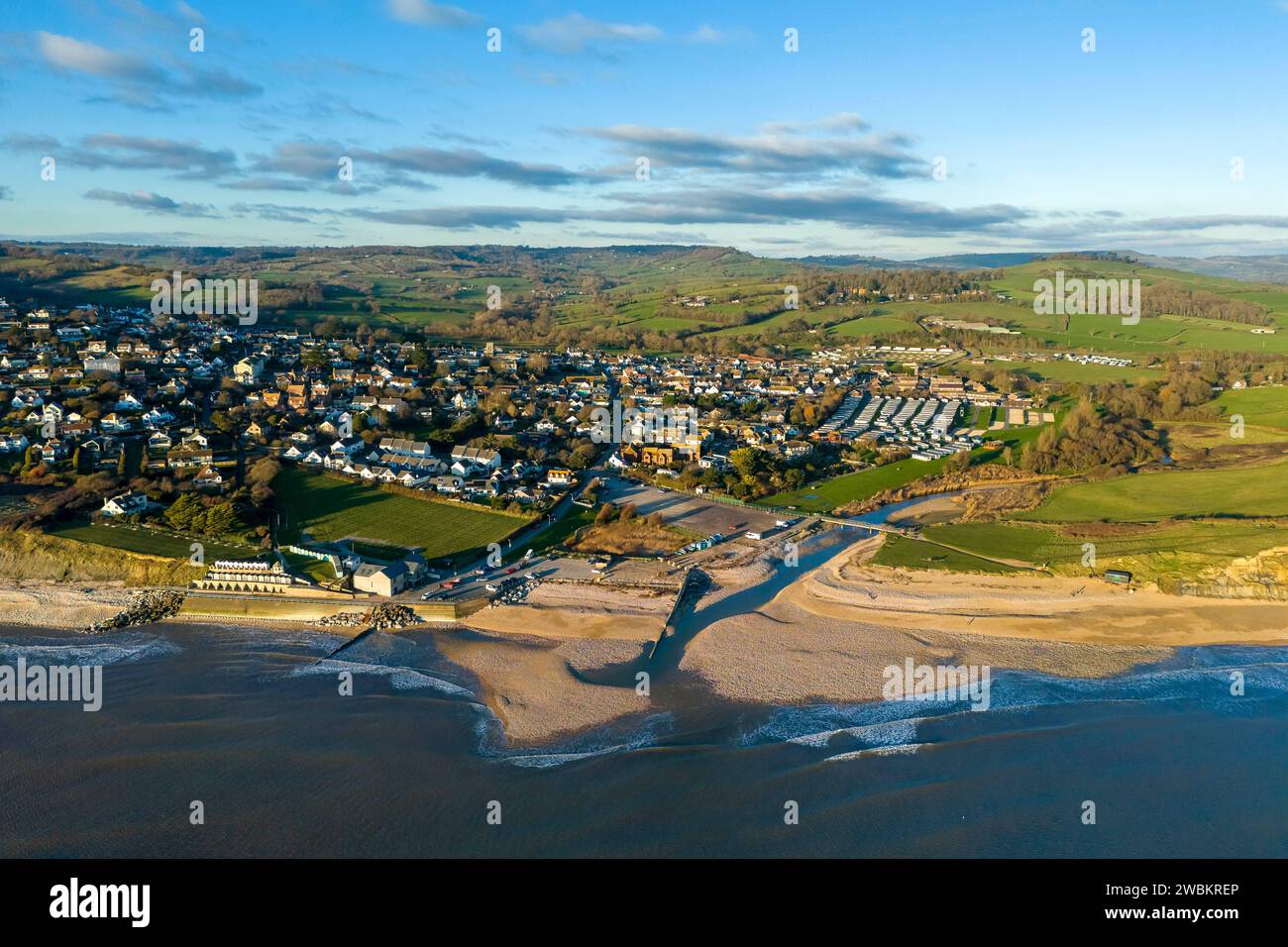 Charmouth, Dorset, UK. 11th January 2024. UK Weather. Aerial view of ...