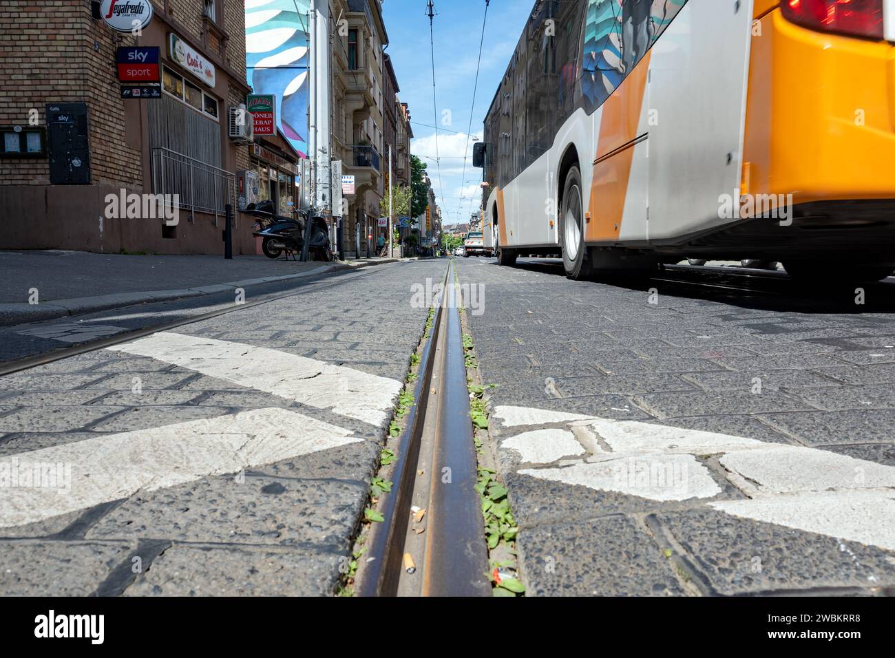 Tram rail from a worm's eye view Stock Photo - Alamy