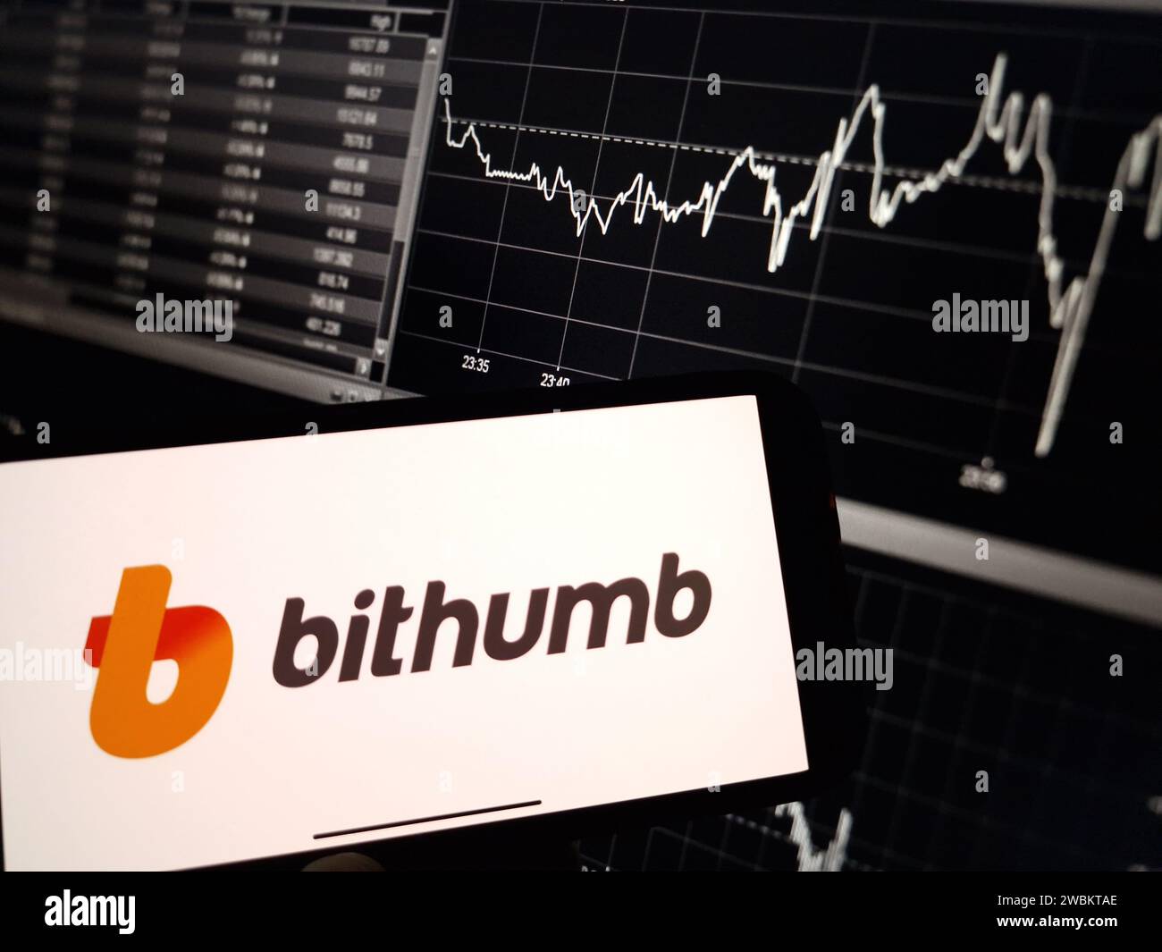 Konskie, Poland - January 05, 2024: Bithumb cryptocurrency exchange logo displayed on smartphone ...