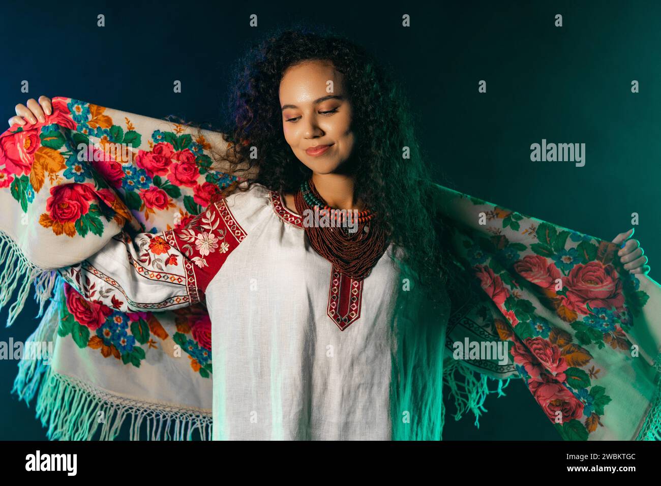 Modern woman demonstrates traditional ukrainian handkerchief.Ukraine ...