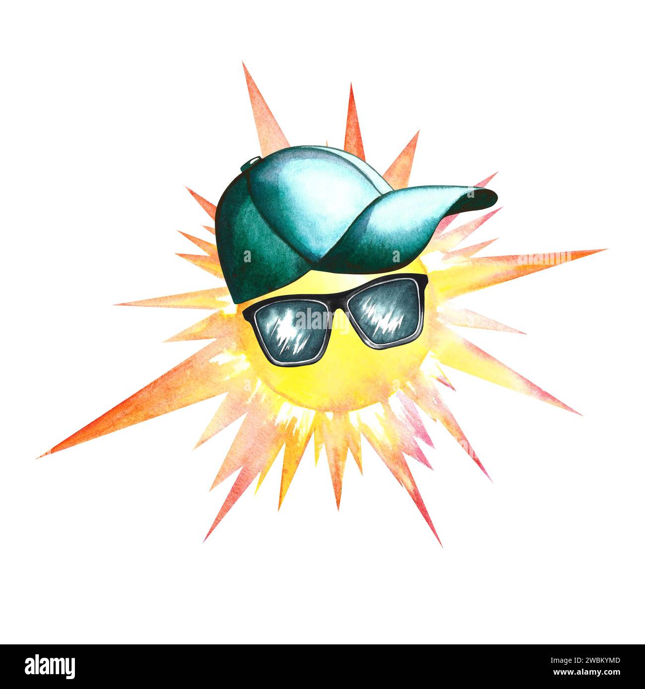 The sun in a cap and glasses. Hand-drawn watercolor illustration. The ...