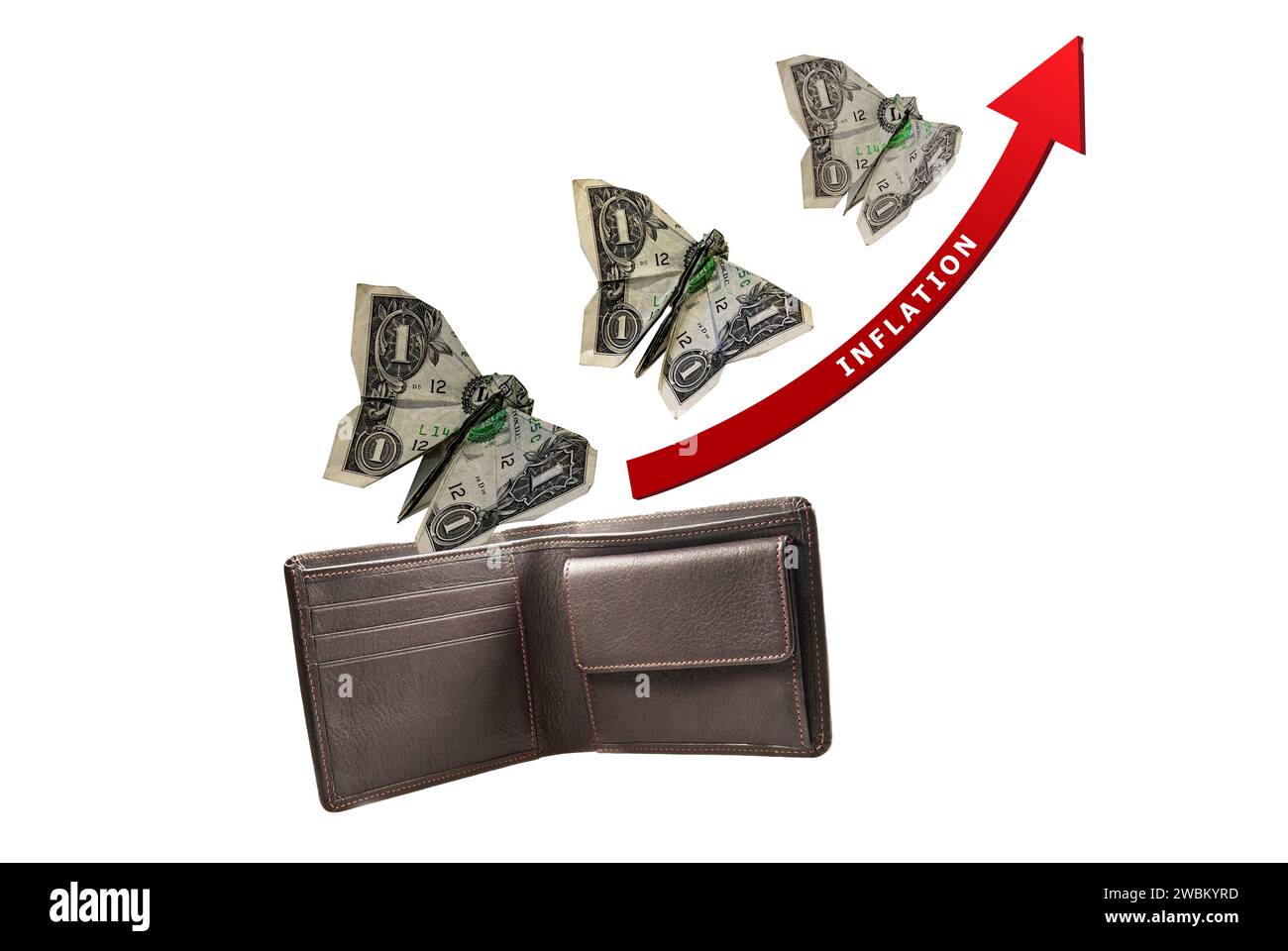 Inflation concept. Money in the shape of butterflies flying out of ...