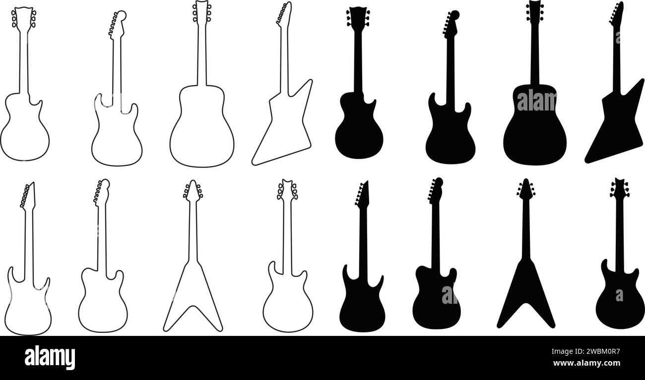 Black flat and line guitars collection. Acoustic and electric guitar ...