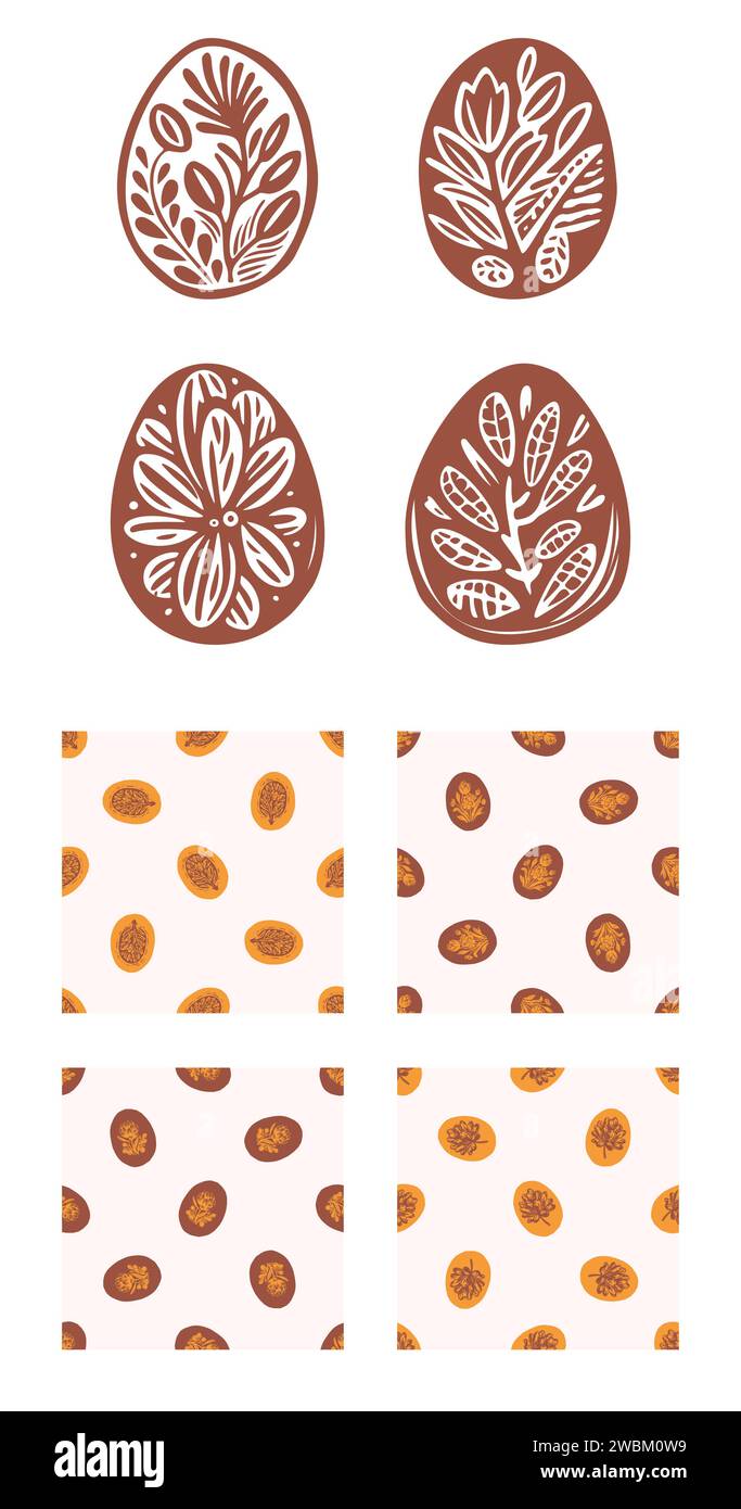 Block print rustic floral folkart motif and patten set. Vector quirky ...