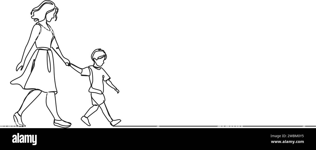 continuous single line drawing of young boy walking by the hand of his ...
