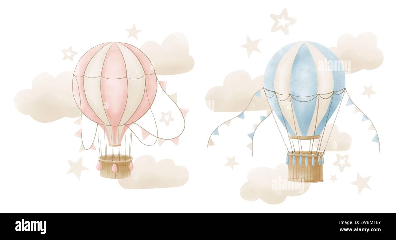 Hot air Balloons. Watercolor illustrations of ballons in pastel blue ...