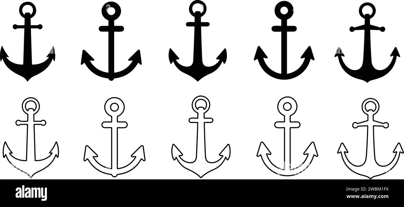Anchors icons set. Anchor in sea. Nautical symbol. Simple anchor collection flat line style ...