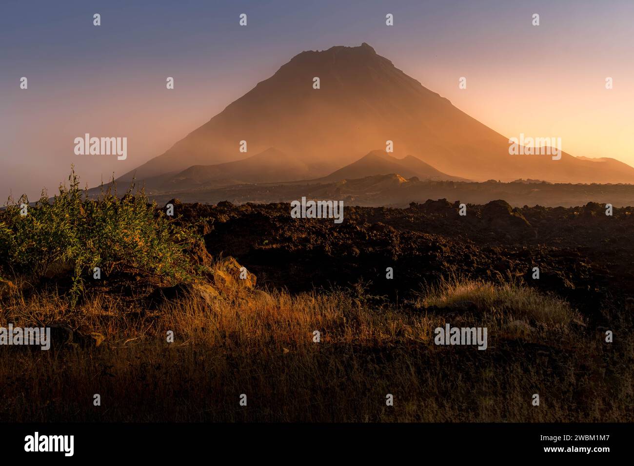 The Pico do Fogo volcano and the lava field at the foggy beautiful ...