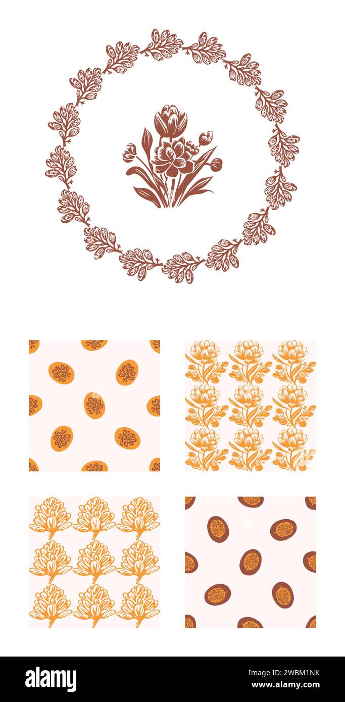 Block print rustic floral folkart motif and patten set. Vector quirky ...