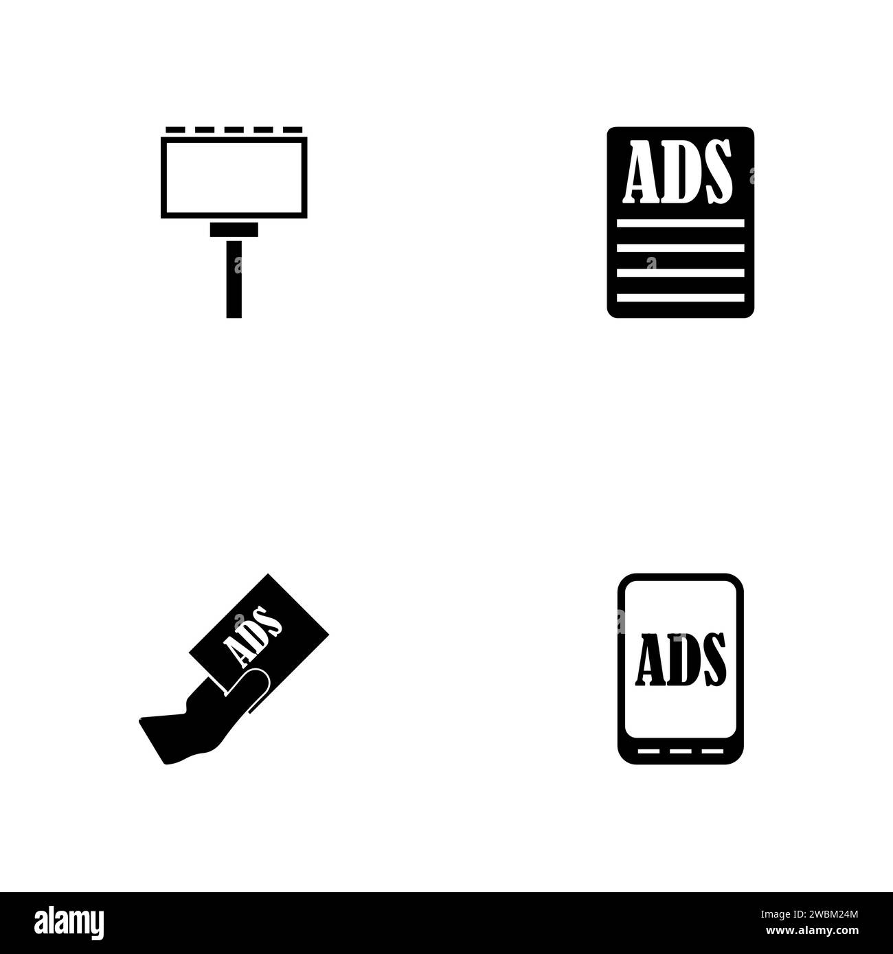 Advertisement. A set of black four solid icons isolated on a white ...