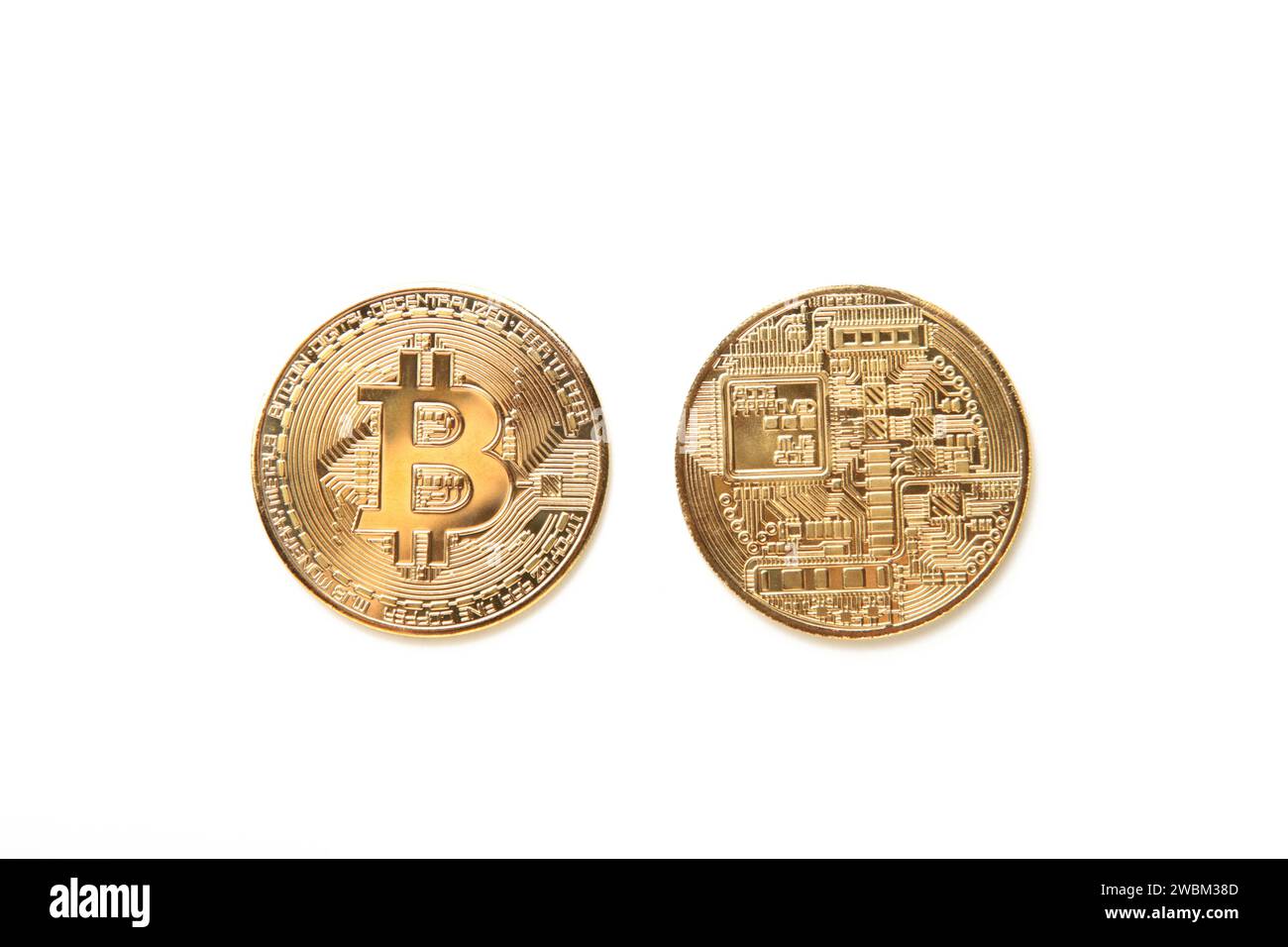 two sides of one bitcoin close-up with BIT symbol isolated on white ...