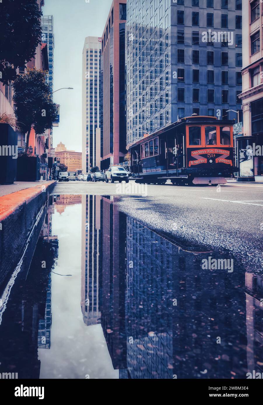 San Francisco iconic cable car passes on the California Street after a ...