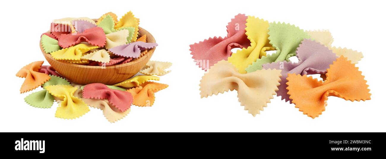 colorful farfalle pasta in wooden bowl isolated on white background ...
