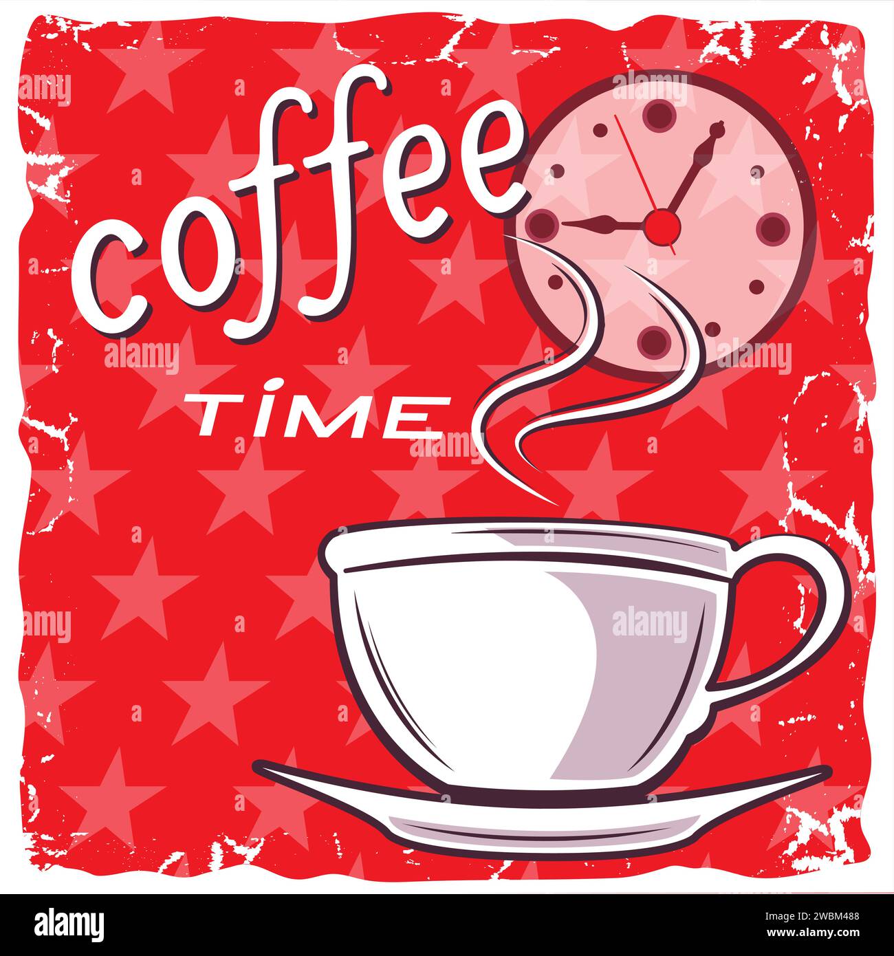 Coffee cup with steam on red grunge texture coffee time poster Stock ...