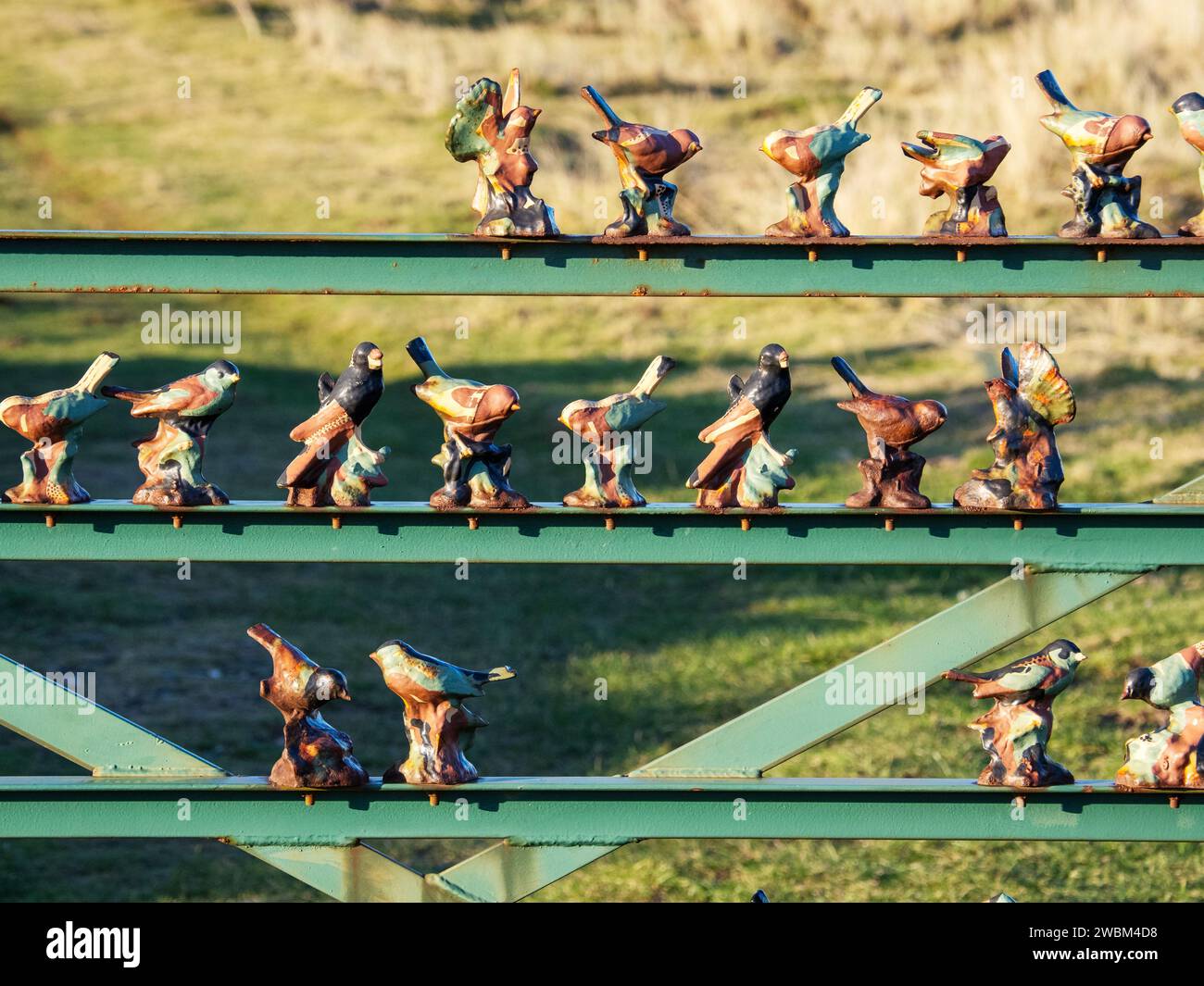 A gate at North Walney nature reserve with birds painted in army ...