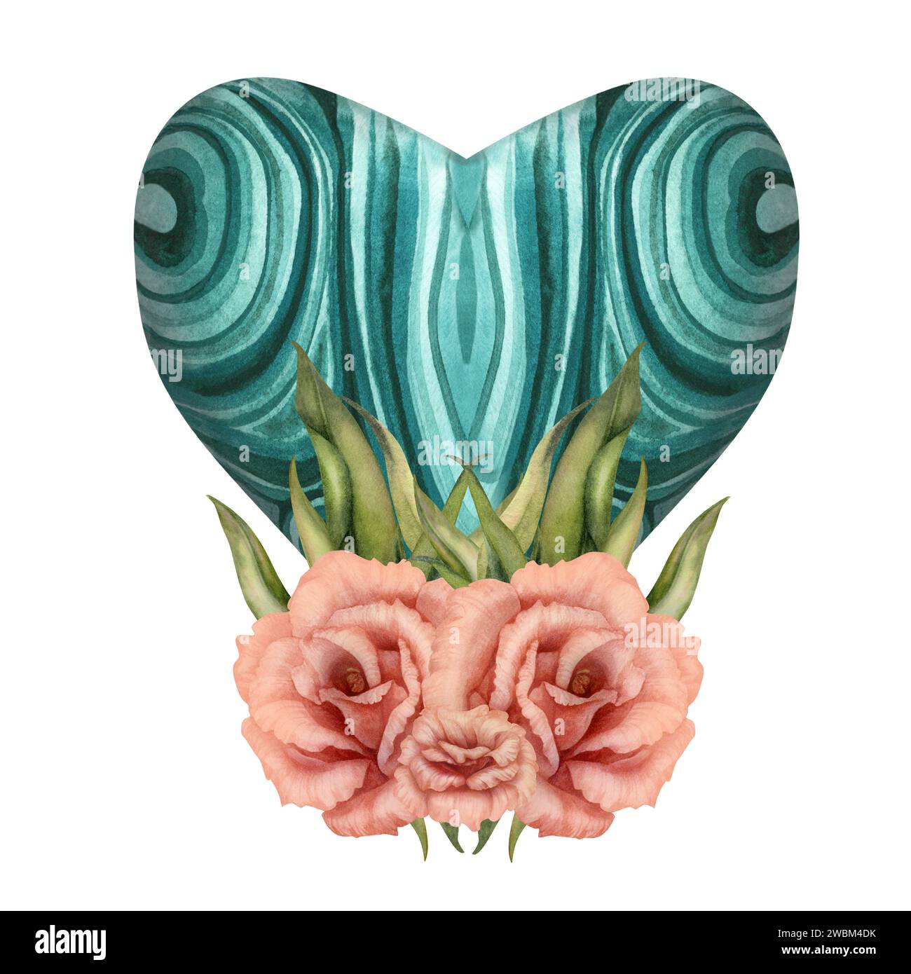 Watercolor green heart with stone texture with eustoma flowers in a ...