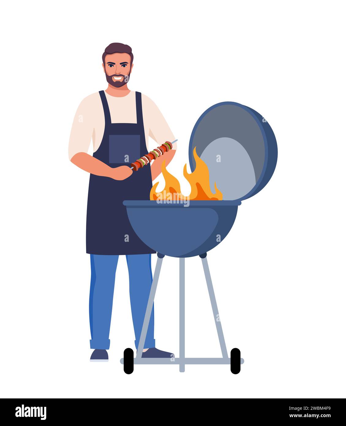 Man cooking barbecue grill. Barbecue scene. Smiling man holds kebabs ...