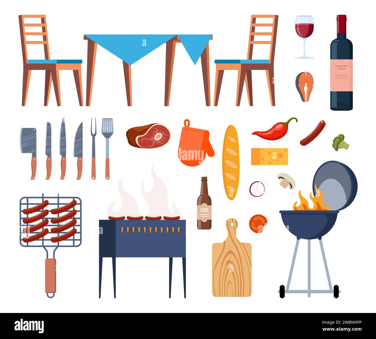 Barbecue equipment, outdoor BBQ picnic elements. Grilled sausages, meat ...