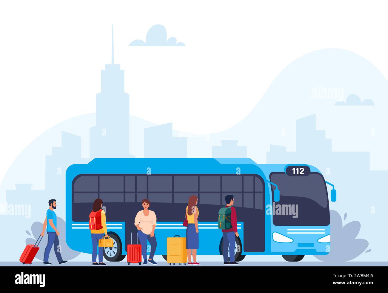 People on auto station. Man, woman standing near transport, waiting for ...