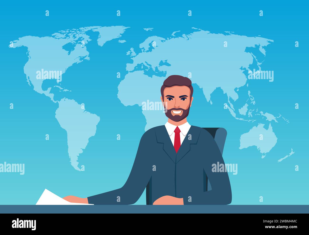 Young tv newscaster man reporting tv news sitting in a studio. World ...