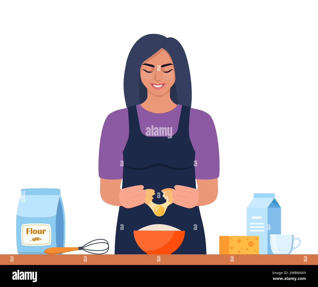 Kitchen cooking. Woman cooks an omelet for breakfast. Smiling girl in ...