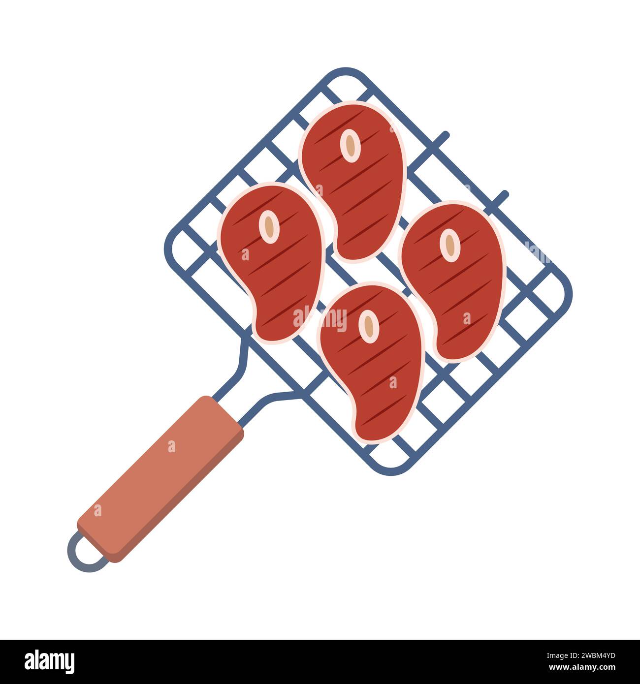 Barbeque grill grate with steaks, device for grilling food. Top view ...