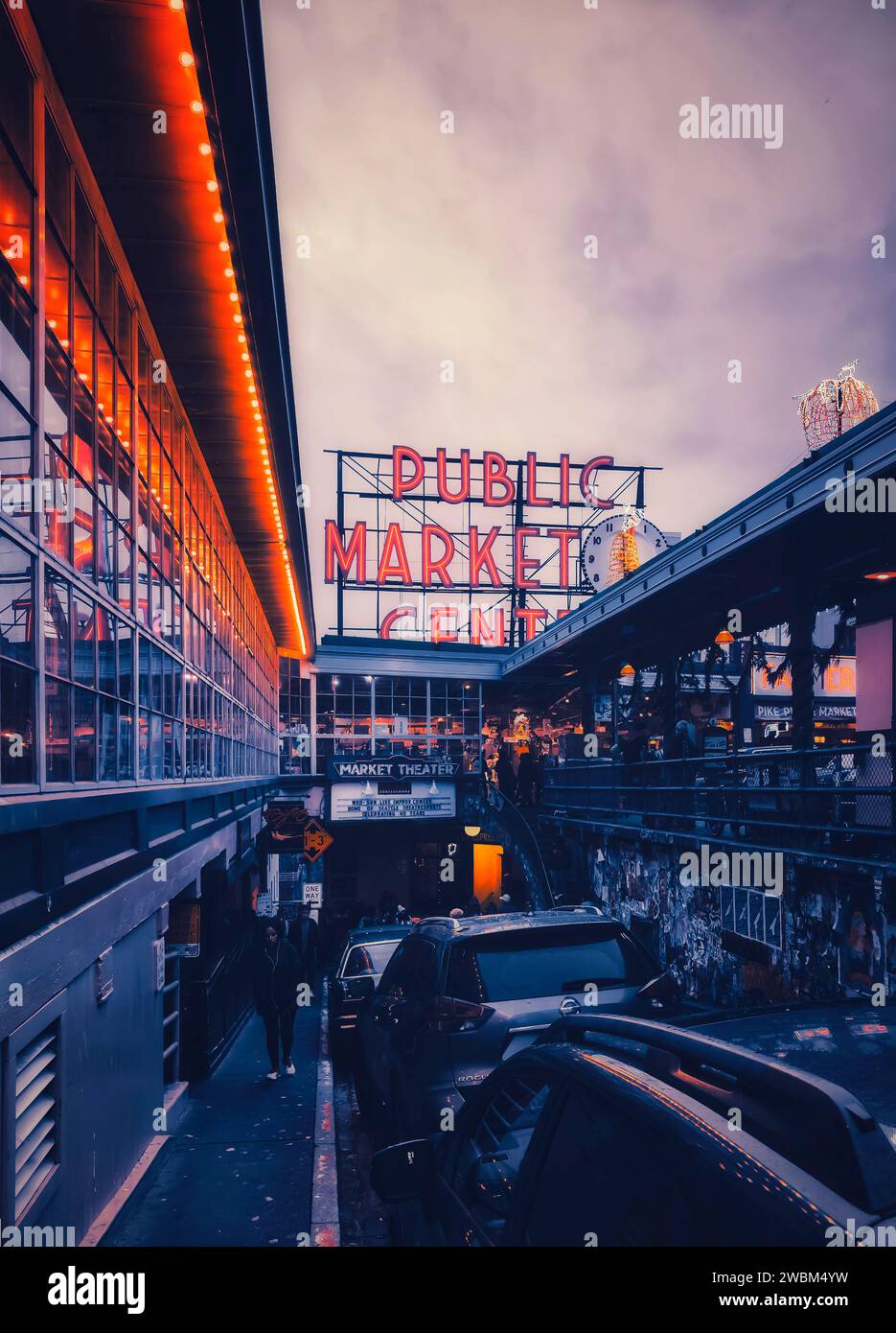 Seattle iconic tourist destination, the Pike Market, at evening Stock ...