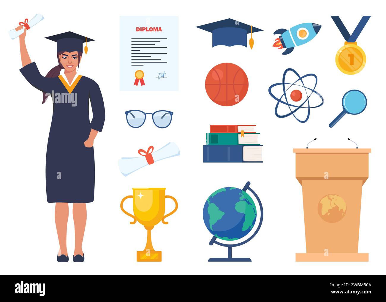 School, science, education, graduation icons. Microscope, atom, books ...